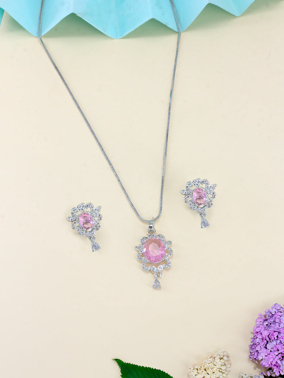 Rhodium Plated Pink Oval Shaped American Diamond Studded Pendant Set ...